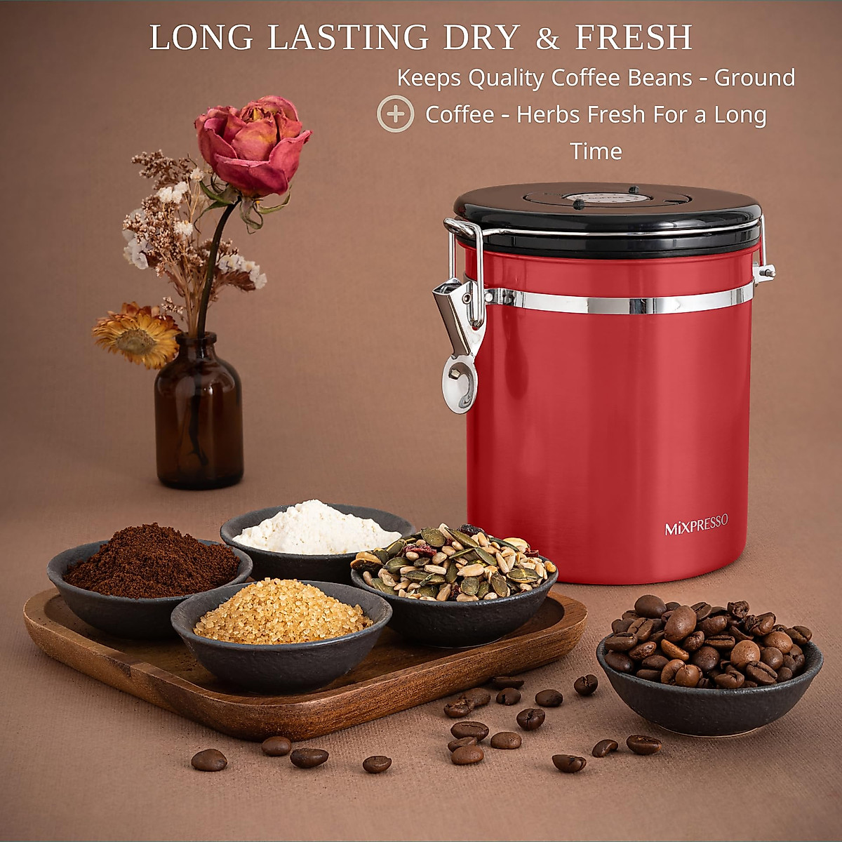 Mixpresso 16 Oz Coffee Canister Red, Stainless Steel Airtight Coffee Container, Ground Coffee Bean Storage with Date Tracker, Vacuum Sealed Espresso Airtight Container, Coffee Jar, Sugar Container
