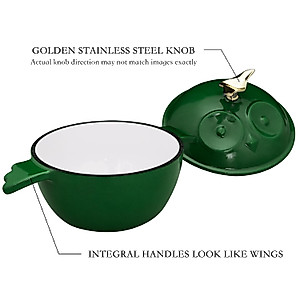 Flavehc Mini Cocotte 16 oz Owl Shaped Mini Dutch Oven 0.5 qt Cast Iron Garlic Roaster for Oven Garlic Confit Pot Ramekins with Lids Oven Safe, Green