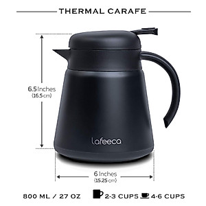 Lafeeca Thermal Coffee Carafe Tea Pot Stainless Steel, Double Wall Vacuum Insulated | Cool Touch Handle | Hot & Cold Retention | Non-Slip Silicone Base | BPA Free Black