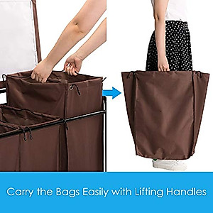 HollyHOME Laundry Cart 3-Bag Heavy-Duty Rolling with Ironing Board Laundry Room Organizer with Wheels Brown