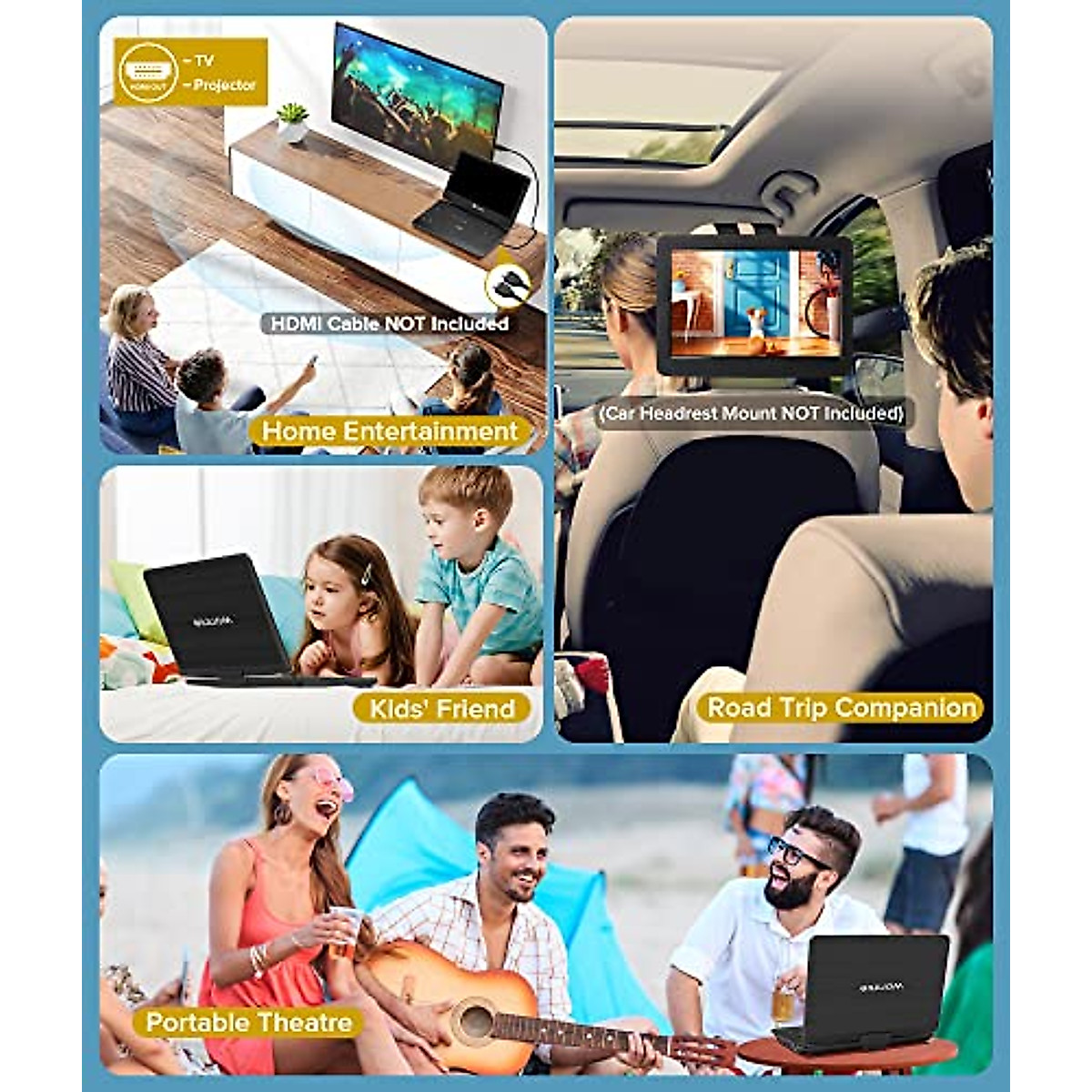 WONNIE 16.9" Portable Blu-Ray DVD Player with 14.1" 1080P Full HD Large Screen, Dolby Audio, 4 Hrs Rechargeable Battery, Support HDMI Out, AV in, USB/SD Card, Last Memory