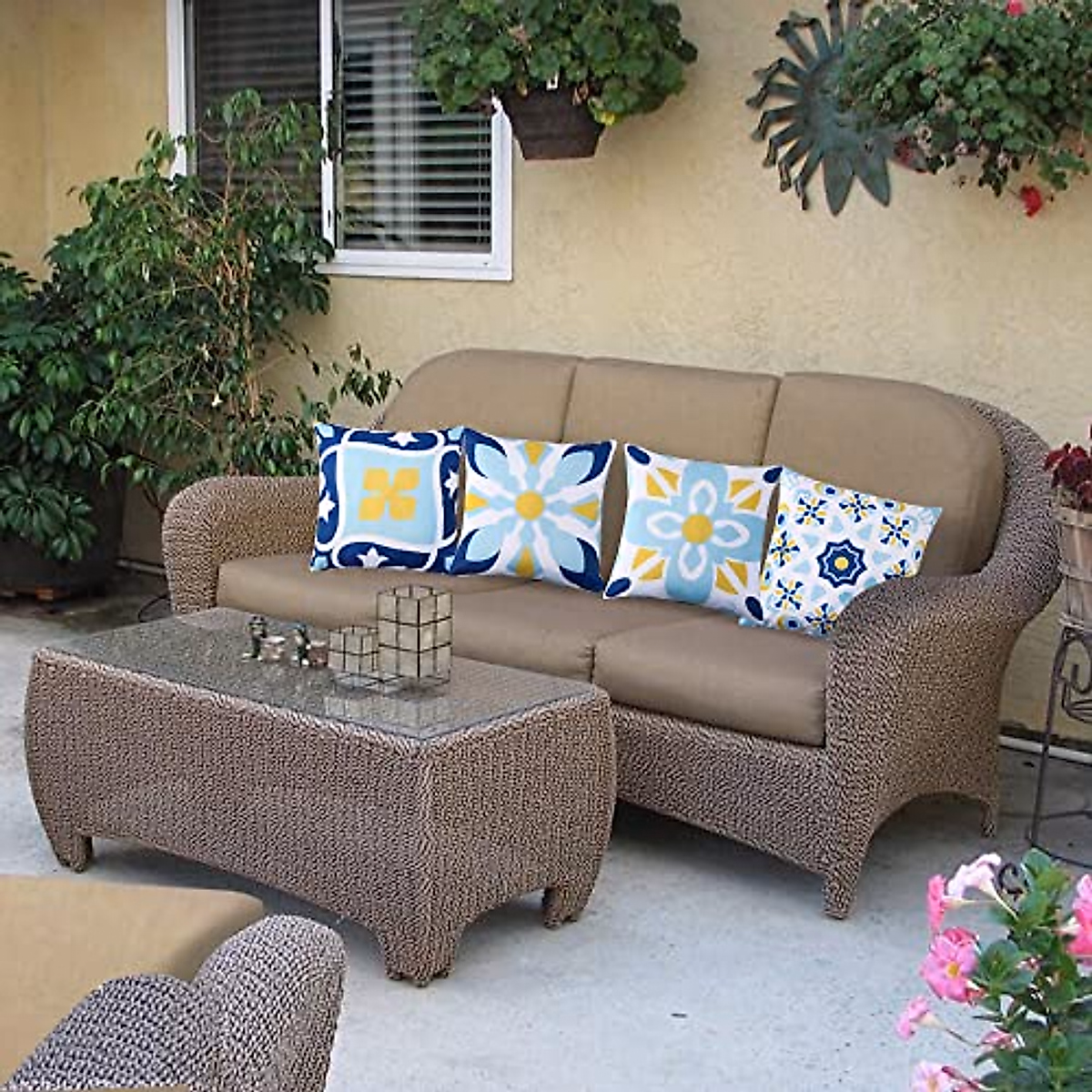 Outdoor Throw Pillow Covers Waterproof, Set of 4 Outdoor Pillows Waterproof, Boho Waterproof Cushion Covers, Outdoor Throw Pillow Case for Outdoor Patio Garden Sofa - 18 x 18 Inches Blue