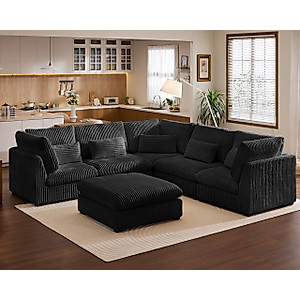 Cloud Oversized Modular Sofa, 120" Corduroy Wide Seat Sectional with Reversible Chaise, Shaped Couches Modern Comfy Fluffy Cushion Sleeper Sofa Bed with Convertible Ottoman for Living Room 5 Seater
