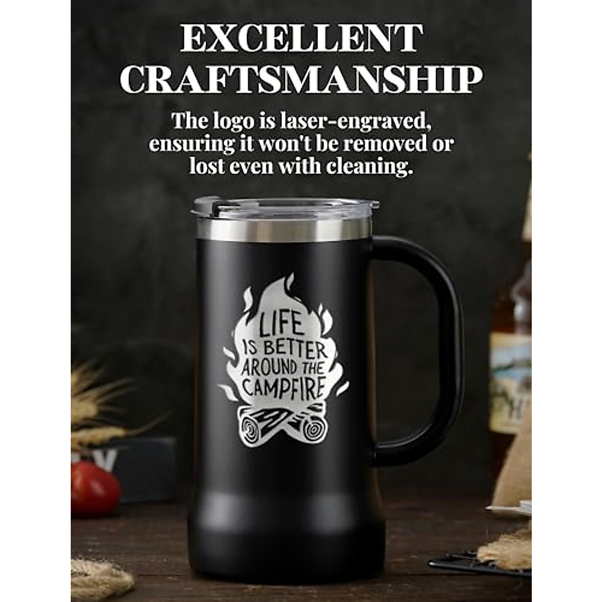 Onebttl Camping Gifts for Men, Camper, Camping Lovers - Life Is Better Around The Camp Fire 24oz Stainless Steel Beer Mug 24oz Beer Stein