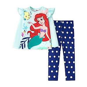 Disney Princess 2PCS Toddler Girls Outfits Ruffled Sleeves Sweatshirt and Leggings Outfit Set Deep Blue 5-6 Years
