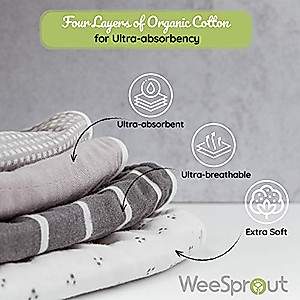 WeeSprout Unisex Set of 4 Organic Towel Cotton Burp Cloths Four Ultra-Absorbent Layers Keep Clothes Dry, Button Transforms Burp Cloth into Baby Bib, Machine Washable (Neutral Set, Full)