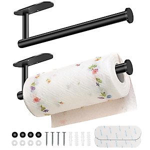 Paper Towel Holder Under Cabinet - Bjiotun Adhesive Paper Towel Holder Wall Mount, Stainless Steel 13.2 Inch Paper Towel Racks for Bathroom Kitchen Paper Towel Holder Countertop (2 Pack, Black)