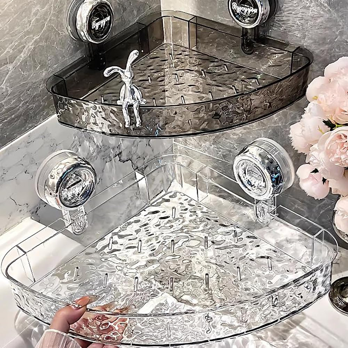 Androf Acrylic Transparent Shower Storage, Raidley No Drill Clear Wall Caddy Large Capacity, Drainage, Raidley Easymount Bathroom Storage Shelf (Rectangle-Silver)