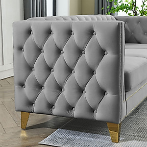 Merax L-Shaped 82.2-inch Sofa Couch, Luxury Classic Chesterfield Velvet Corner Sofa, Button Tufted Upholstered Sectional Corner Sofa with 3 Pillows and Metal Legs, Grey