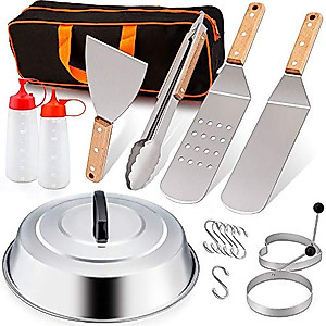 Griddle Accessories Set of 10, Leonyo Stainless Steel Grill Griddle Metal Spatula for Cast Iron Flat Top Teppanyaki Hibachi Cooking, Carry Bag, Heavy Duty Chef Gift, Melting Dome