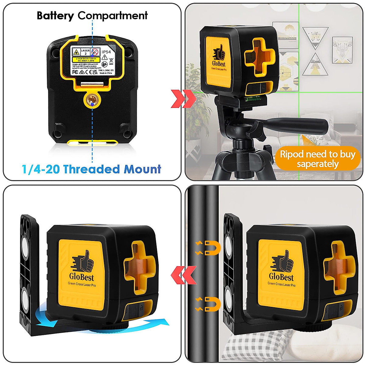 Globest Self-Leveling Laser Level, 100Ft/30M Green Cross Line Laser Level, Lazer Level 2 line laser for Construction and picture hanging, IP54 Waterproof, 360° Magnetic Base and Battery Included
