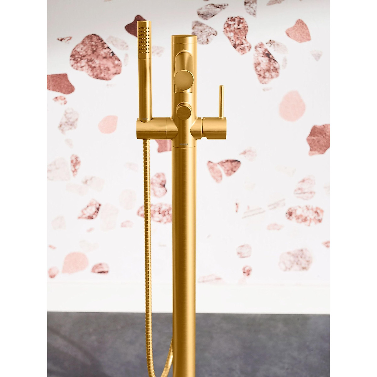 Moen Align Brushed Gold One-Handle Freestanding Floor Mount Tub Filler, Freestanding Tub Faucet with Handshower, 395BG