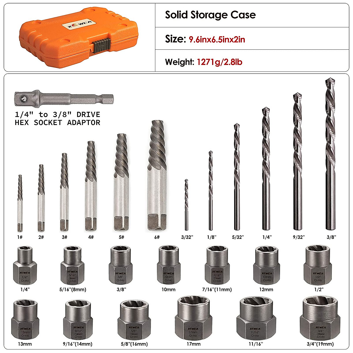 XEWEA 26Pcs Screw & Bolt Extractor Set and Right Drill Bit Set, Easy Out Broken Lug Nut Extraction Socket Kit Tool for Damaged, Frozen,Studs,Rusted, Rounded-Off Bolts, Nuts & Screws