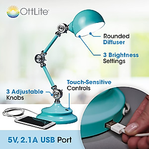 OttLite Revive LED Desk Lamp with ClearSun LED Technology, Turquoise – 3 Brightness Settings, Touch Activated Controls, USB Charging Port & 3 Adjustable Knobs for Precise Lighting - Great for Reading