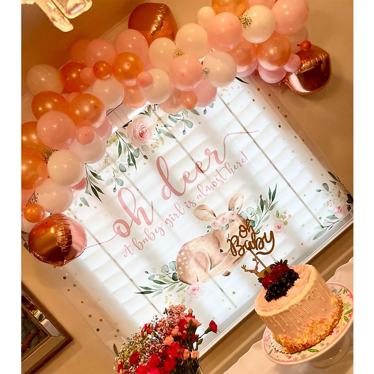 Avezano Woodland Baby Shower Backdrop Pink Floral Girl Deer Baby Shower Photo Background Greenery Fawn Oh Deer Baby Shower Backdrops (7x5ft, 83x59inch)