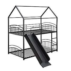 House Bunk Bed with Slide, Twin Over Twin Metal Bunk Bed with Roof and Security Guardrail, Floor Bunk Bed for Kids Teens Boys & Girls, Convertible Design (Black)