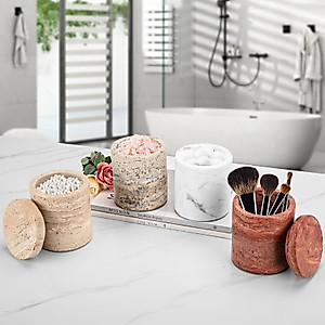 N NANSHOP Bathroom Qtip Holder Dispenser with Lid, Marble Vanity Cotton Ball Holder for Cotton Swab Ball Makeup Sponge Mat Bath Salt, Made of Real Marble, Beige White Travertine(NS019)