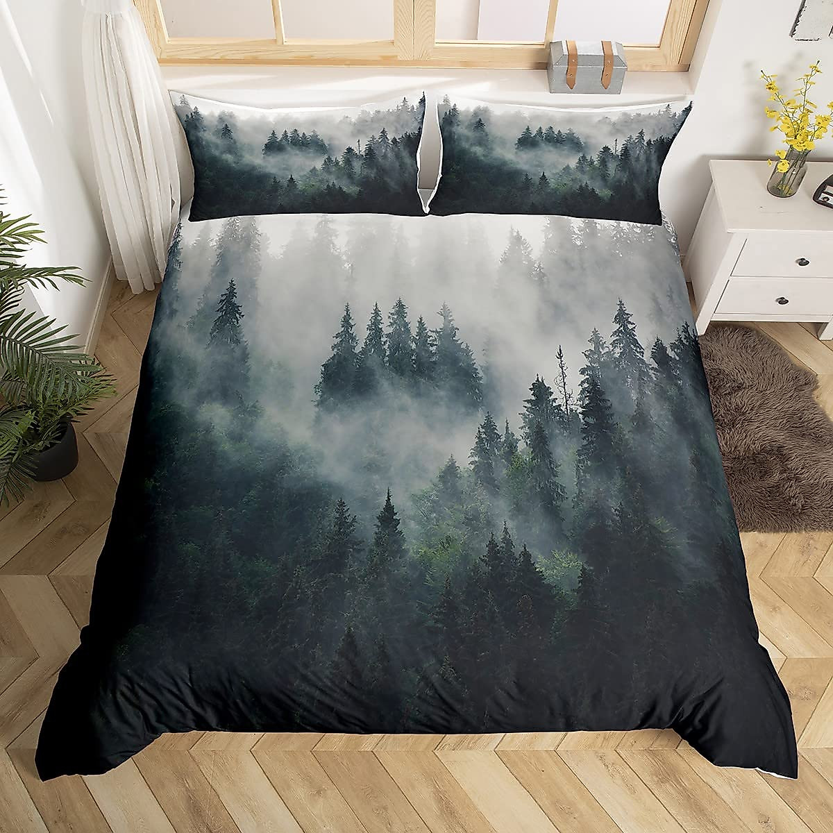 Feelyou Smoky Mountain Bedding Set for Adults Trees Natural Scenery Art Comforter Cover Set Nature Lover Gift Room Decorative Duvet Cover Foggy Scenic Bedspread Cover Queen Size 3Pcs Bedclothes