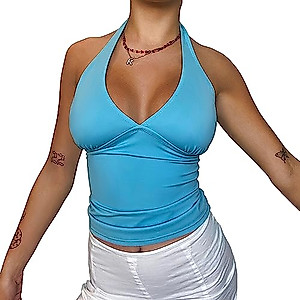 HOTOLP Halter Crop Tops for Women Sexy Deep V Neck Backless Going Out Tops Sleeveless Tie Back Cami Y2k Workout Tank Top (S Blue)