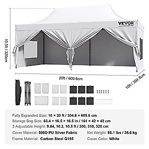 VEVOR 10x20 FT Pop up Canopy with Removable Sidewalls, Instant Canopies Portable Gazebo & Wheeled Bag, UV Resistant Waterproof, Enclosed Canopy Tent for Outdoor Events, Patio, Backyard, Party, Parking