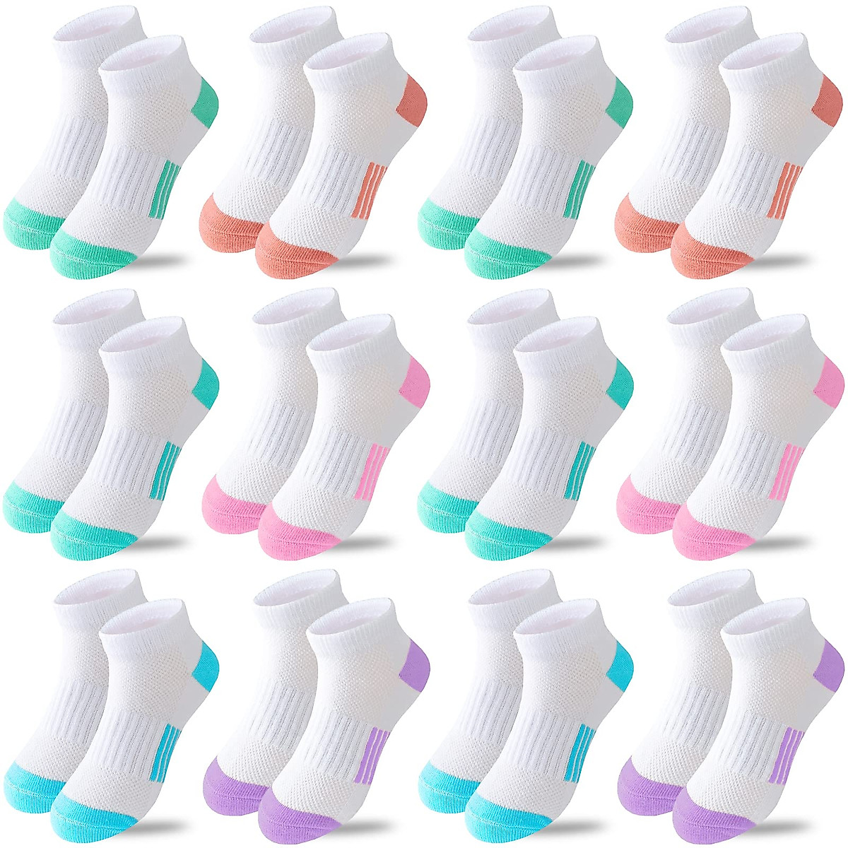 Bemeol Girls Socks 12 Pairs Ankle Athletic Socks Cotton Sports Socks For Little Big Kids(7-10 Years)