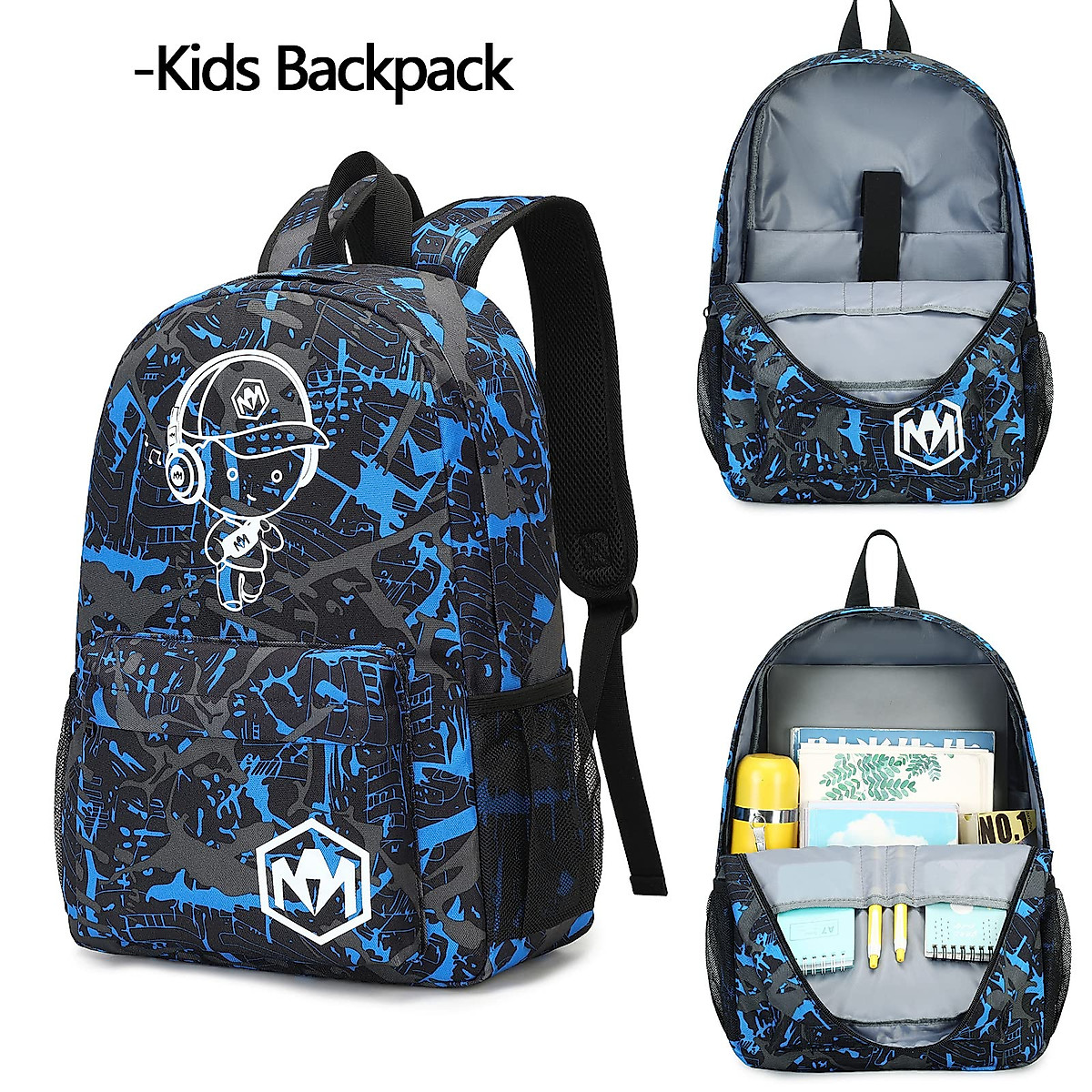 Bluboon School Backpack for Boys Teens Bookbag Travel Daypack Kids Girls Lunch Bag Pencil Case (Blue-3pcs)