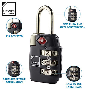 Lewis N. Clark Travel Sentry TSA-Approved Luggage Lock, Large 3 Dial Combination with Easy Read Dials - Black (Pack of 2)