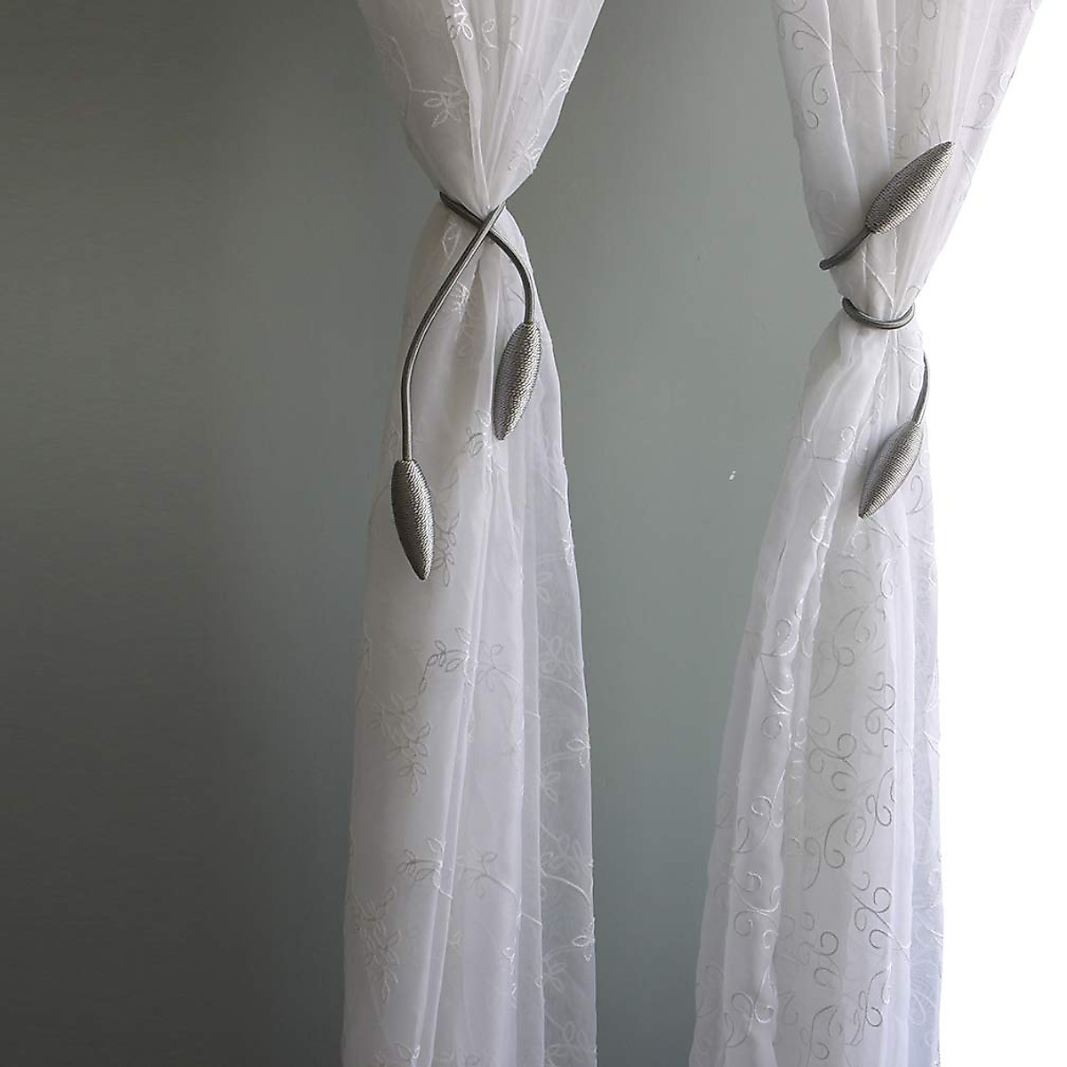 Valea Home 2 Pieces Curtain Tiebacks Clips Creative Window Drape Twist Tie Backs European Style Custom Made Curtain Holders Decorative Draperies Holdbacks, Silver Grey