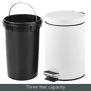 mDesign Pedal Bin — Metal Waste Bin with Pedal, Lid and Plastic Bucket Insert — for Bathroom, Kitchen, and Office — 3 Litre Household Rubbish Bin with Ergonomic Design — White