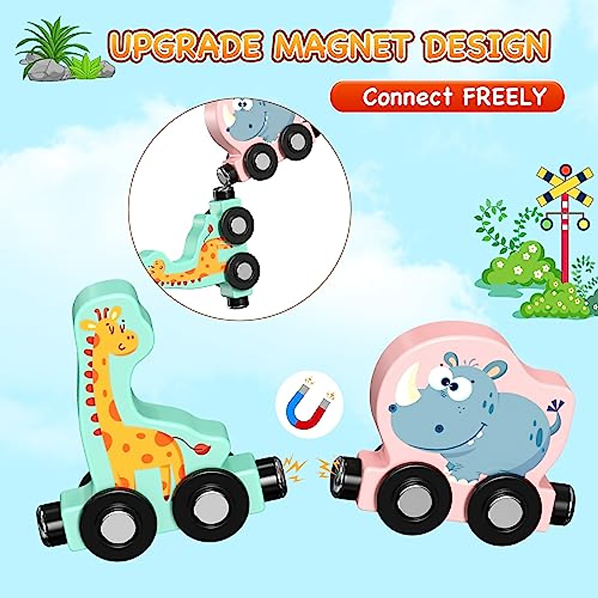 Zeoddler Toys for Toddlers, 11 PCS Magnetic Wooden Animals Train Set, Montessori Toys for Toddlers, Preschool Learning Activities for Kids, Birthday Gifts for Boys, Girls