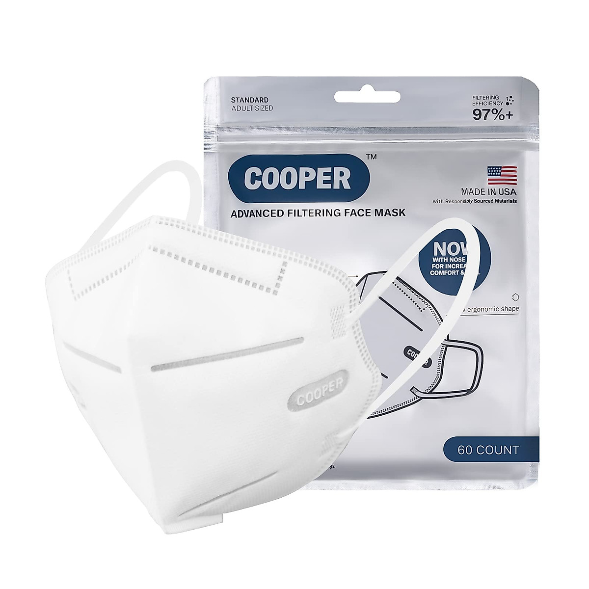 Cooper KN95 Face Masks, 60PCS Breathable Comfortable KN95 Mask, 5-Ply Disposable Face Mask Filter Efficiency≥95%, White