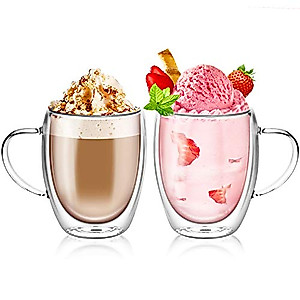 Top-spring Double Wall Glass Coffee Mugs, Clear Glass Coffee Cups with Handles - Set of 4 Double Wall Insulated Coffee Mug Tea Latte Espresso Cups (12oz, Clear)
