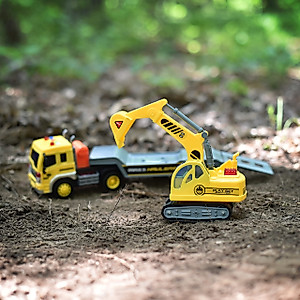 TOYTHRILL Tow Truck with Excavator Toy for Boys 2+ Year Old, Construction Truck Toy with Excavator, Semi Truck with Lights and Sounds, Flatbed Truck Toy Push and Go Construction Vehicle for Kids