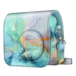 Fintie Protective Case for Fujifilm Instax Mini 7+ Instant Camera - Premium Vegan Leather Bag Cover with Removable Adjustable Strap, Emerald Marble