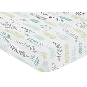 Sweet Jojo Designs Blue and Grey Tropical Leaf Unisex Boy or Girl Baby or Toddler Nursery Fitted Crib Sheet - Turquoise, Gray and Green Botanical Rainforest Jungle Sloth Collection