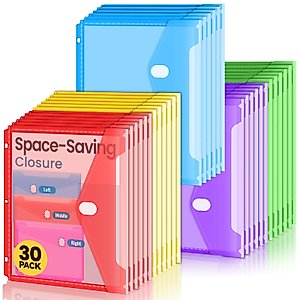 Sooez 30 Pack Binder Folders Organizer with Space-Saving Closure, Super Heavyweight Binder Pockets for 3 Ring Binder, High Capacity Binder Pouch, Side Loading, School Supplies, Letter Size, 5 Color