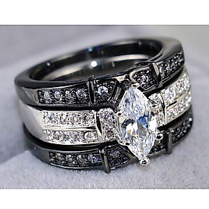 LOVERSRING His and Hers Couple Ring Bridal Set His Hers 3pc Women Black Gold Filled Cz Man Titanium Wedding Ring Band Set