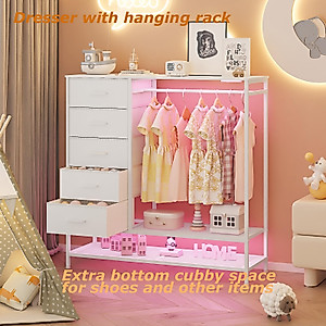 Dresser for Bedroom, Dresser with Hanging Rack Led Lights and Charging Station, White Bedroom Dresser with 5 Fabric Chest of Drawers with PU Finish Storage Organizer, for Living Room Kids Room, White