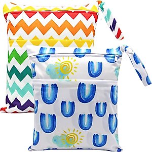 2 Pieces Wet Dry Bag Cloth Diaper with Two Zippered Pockets Waterproof ReusableW Travel Beach Pool Daycare Soiled Baby Items Yoga Gym（12in x 14.5in）, Rainbow Color (KKBB1003)