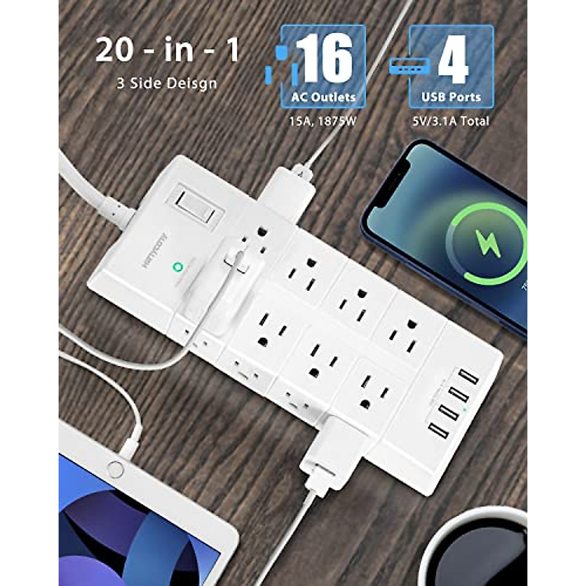 Surge Protector Power Strip 10 ft, Extension Cord with Multiple outlets, 16 Outlets Extender with 4 USB Ports, Large Power Strip with Long Cord, Wall Mountable, Flat Plug for Desktop Office Dorm Room