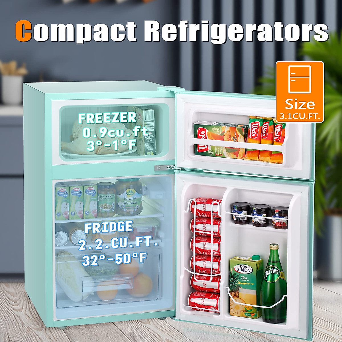 Antarctic Star Mini Fridge 3.1Cu.Ft Compact Refrigerator 2-Doors Freezer Low Noise Defrost Storage of Beverages Vegetables Fruits Kitchen Living Room Office Dormitory Green
