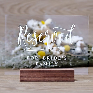 Acrylic Reserved Sign with Wood Stand- 5” x 7" Clear Acrylic Reserved For Brides Family Sign | Table Decoration Signs with Holder for Wedding Reception & Event Party Table Centerpiece Decoration