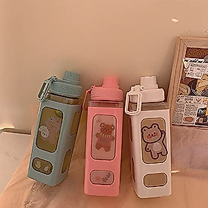 JQWSVE Kawaii Bear Water Bottle with Straw and Sticker, 24 oz Portable Square Drinking Bottle