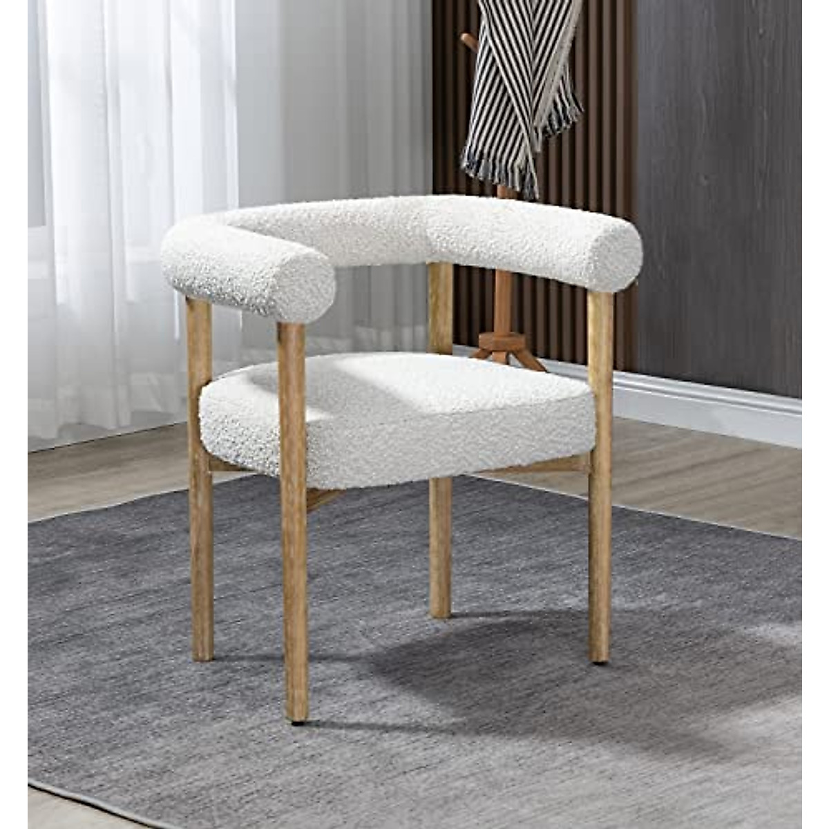 Meridian Furniture Hyatt Collection Mid-Century Modern Dining Chair, Solid Wood Finish, Rich Boucle Fabric, 26.5" W x 22" D x 28" H, Cream