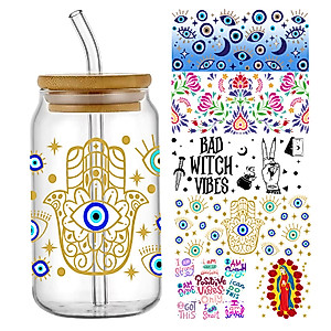 UV DTF Cup Wrap for Glass 16oz, 5 Sheetes uvdtf Eyes Transfers Stickers Cup Decals, Rub on Transfers Glass Cup Stickers for Tumbles Crafts, Permanent Adhesive, No Heat Needed