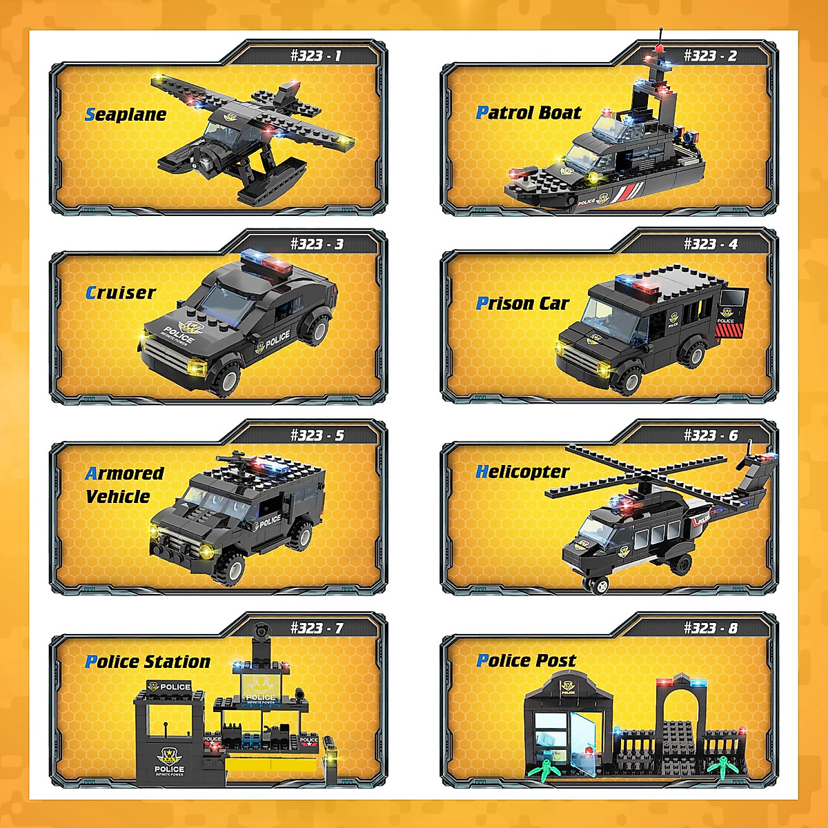 WishaLife 8 IN 1 City Police SWAT Mobile Command Center Truck Toy Building Set, with Police Station Toy, Police Car Toy, Helicopter Toy, Boat Toy, Fun Police Toys Gift for Kids, Boys, Girls Age 6 Plus