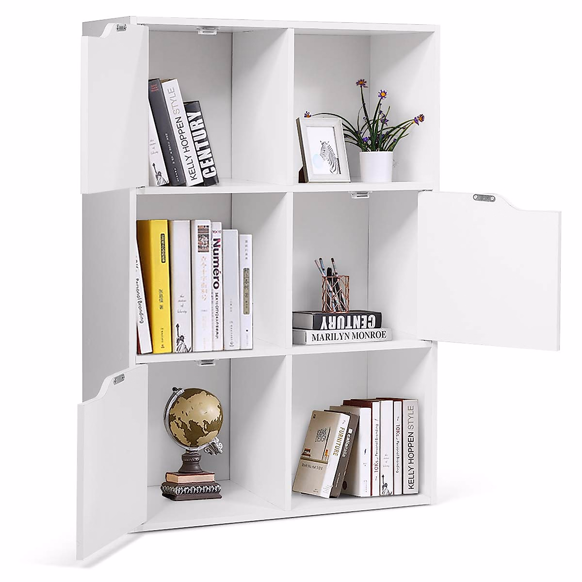 Giantex 6-Cube Storage Organizer, Storage Cabinet with 3 Open Cubes and 3 Cabinets, Free Standing Wooden Cubby Bookcase, Compartment Units for Home Office, 3-Tier Bookshelf for Books, Toys (White)