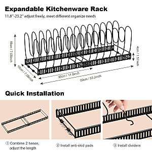 Housolution Pot and Pan Organizer Rack for Cabinet, Expandable Pot Lid Organizer Holder with 14 Adjustable Dividers, Pan Organization and Storage Lid Organizer Rack Pots and Pans for Cabinet, Black