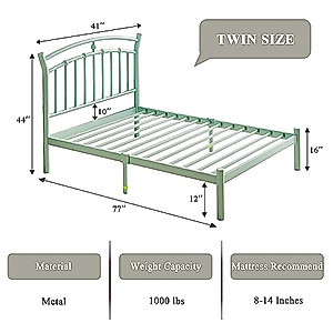Feonase Twin Size Metal Platform Bed Frame with Retro Headboard, Hardened Steel Tube, 12" Under-Bed Storage, No Box Spring Needed, Easy Assembly, Mint Green
