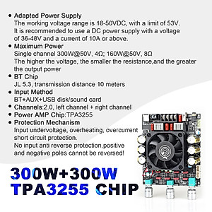 ZK-3002T 300W+300W Bluetooth Digital Amplifier Board TPA3255 Chip 2.0 Channel with Treble and Bass Adjustment (ZK-3002T)